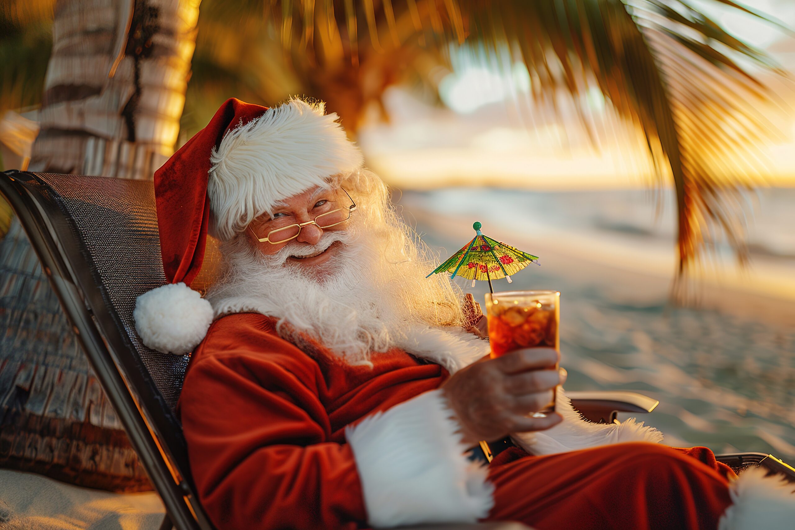 Santa relaxing on beach chair with cocktail during sunset - SI - Spania ...