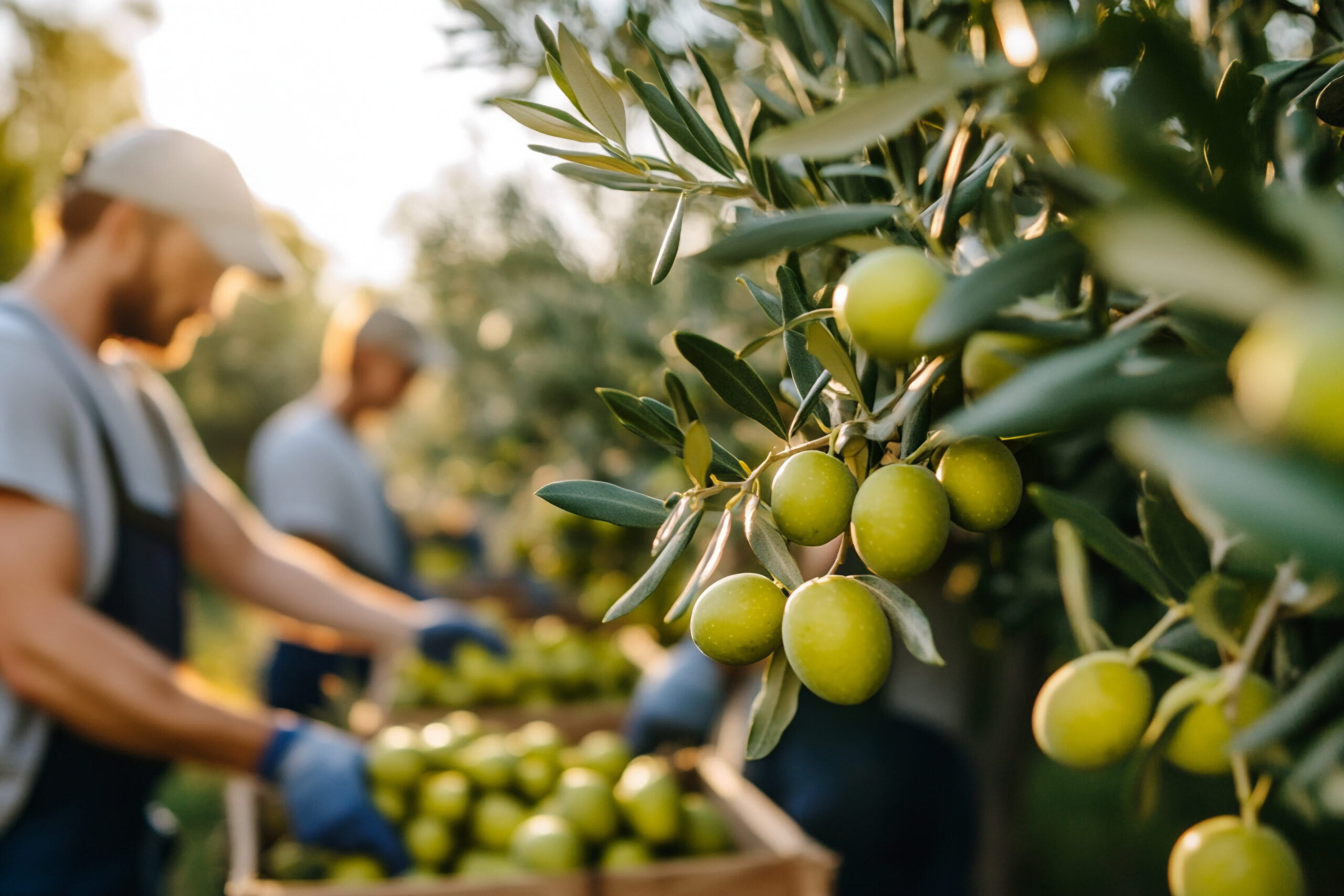 Workers Harvest Olives in Sunlit Grove During Warm Evening Hours While ...